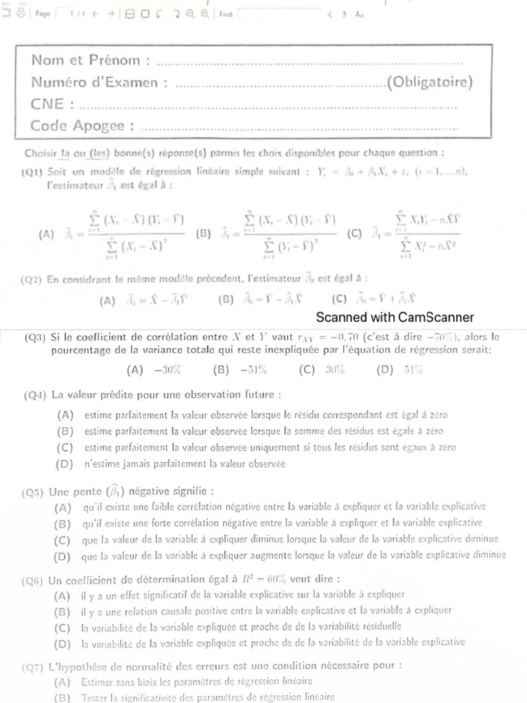 Économétrie Examen QCM | PDF