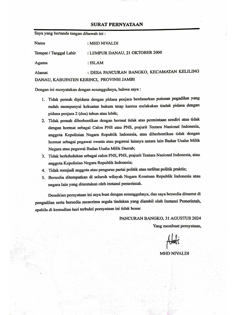 Surat Pernyataan MHD Nivaldi | PDF