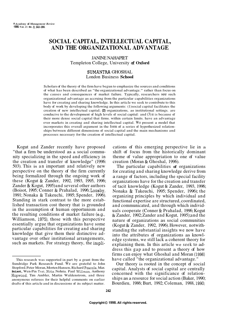 Nahapiet Ghoshal Intellectual Capital 1998 | PDF | Social Capital | Tacit Knowledge