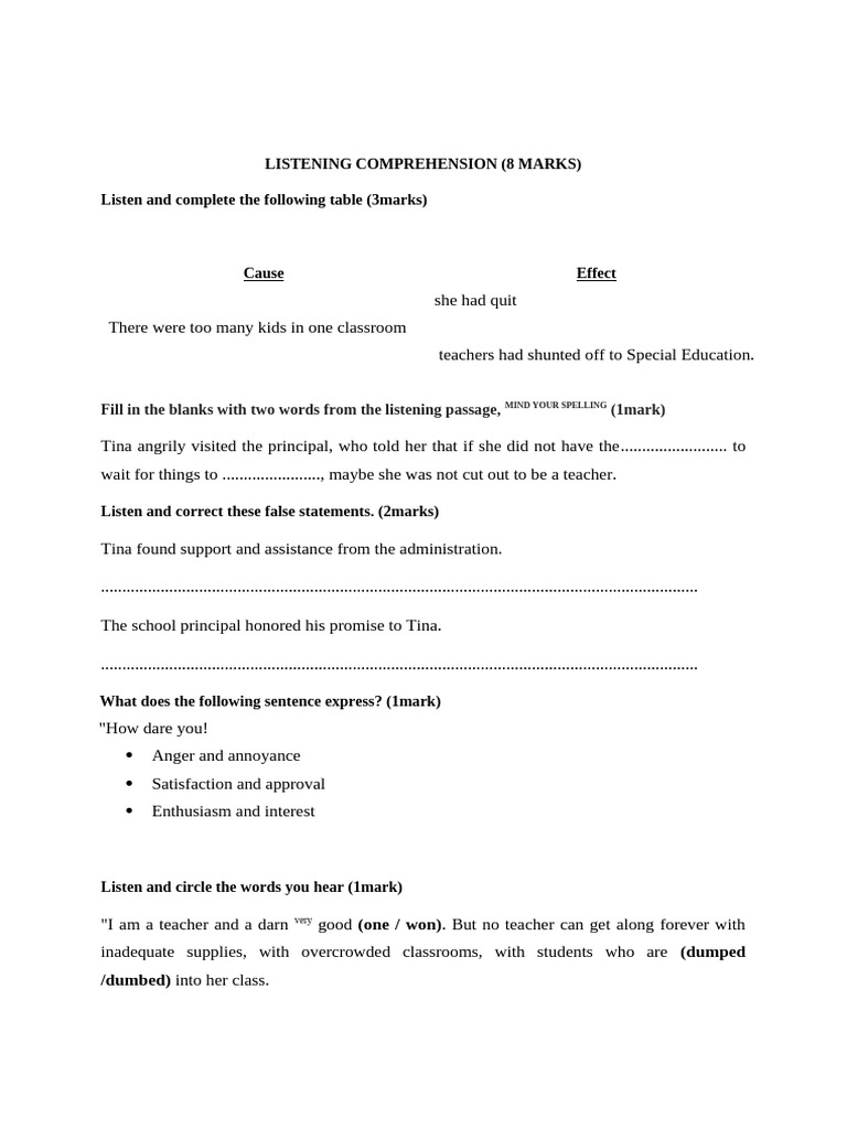 Listening Comprehension (8 Marks) Listen and Complete The Following ...