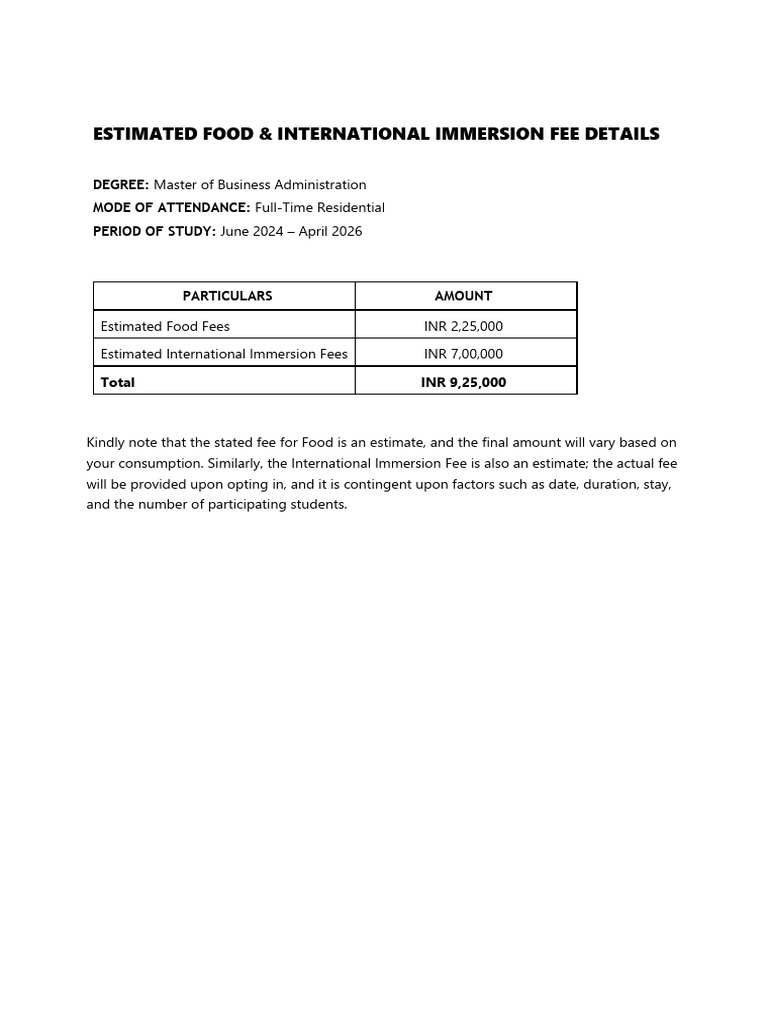 MBA Food & Immersion Fee Breakdown | PDF