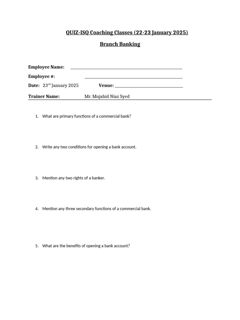 Branch Banking Quiz | PDF