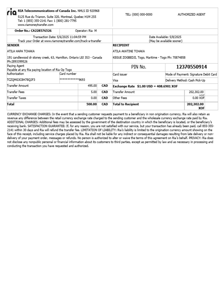 Ria Order Receipt CA228576526 | PDF | Payments | Fee