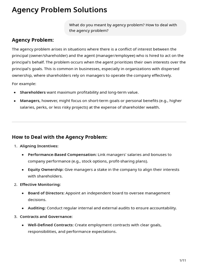 Solutions to Agency Problems in Business | PDF | Stocks | Equity (Finance)
