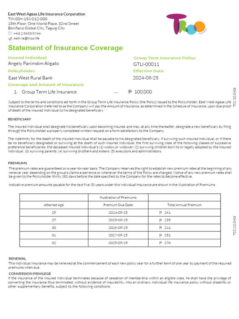 Group Term Life Insurance Coverage Details | PDF | Insurance | Life ...