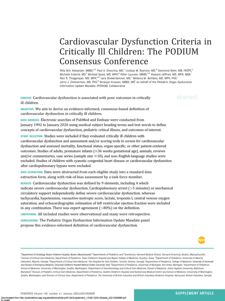 Cardiovascular Dysfunction Criteria in Critically Ill Children The ...