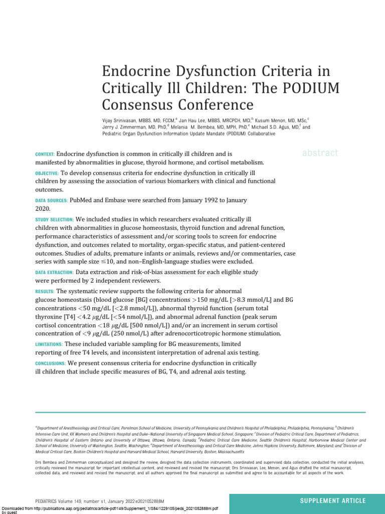 Endocrine Dysfunction Criteria in Critically Ill Children The PODIUM ...