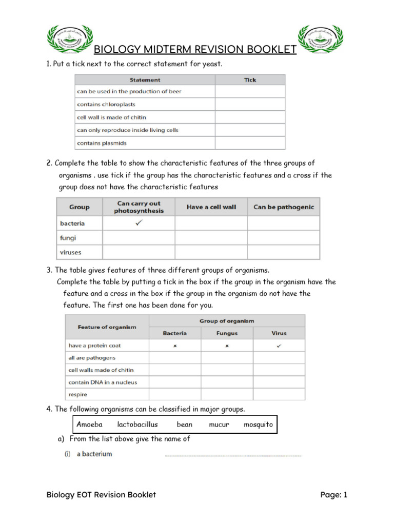 Biology Midterm Revision Booklet | PDF | Life Sciences | Cell Biology