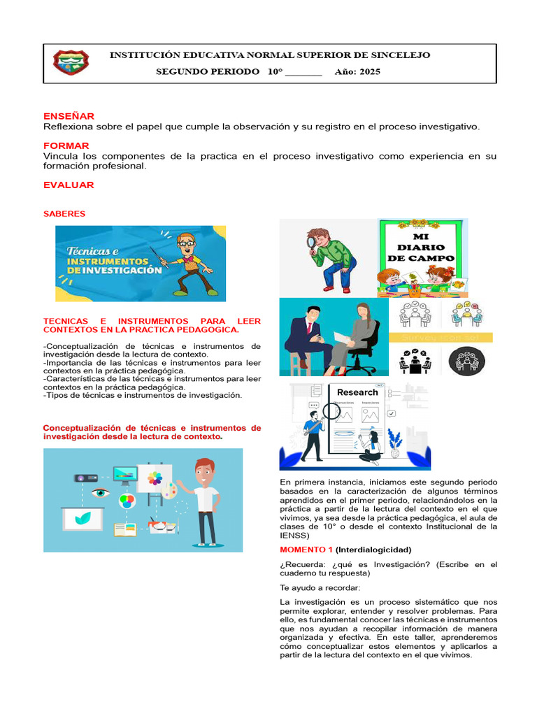 TALLER (1) 10° Segundo Periodo 2025 | PDF | Pedagogía | Observación