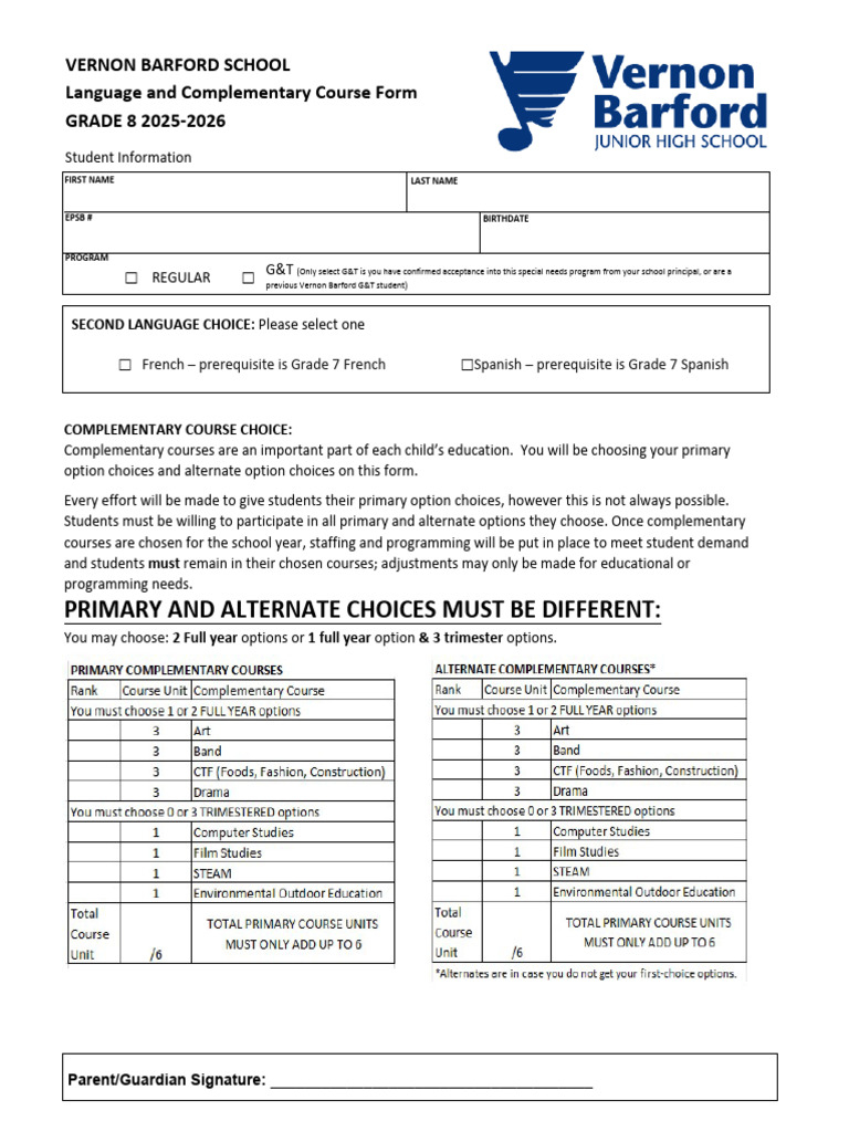 Grade 8 Course Selection Form 2025-26 | PDF