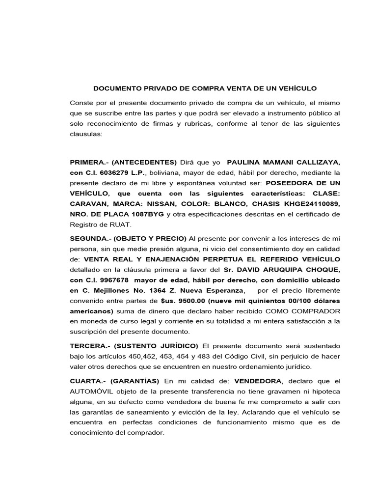 Documento de Compra y Venta de Vehiculo | PDF
