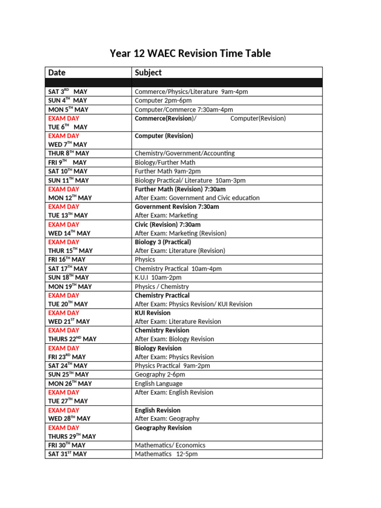 Year 12 WAEC Revision Time Table | PDF