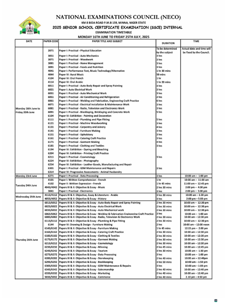 NECO 2025 SSCE INTERNAL TIMETABLE-1(1) | PDF