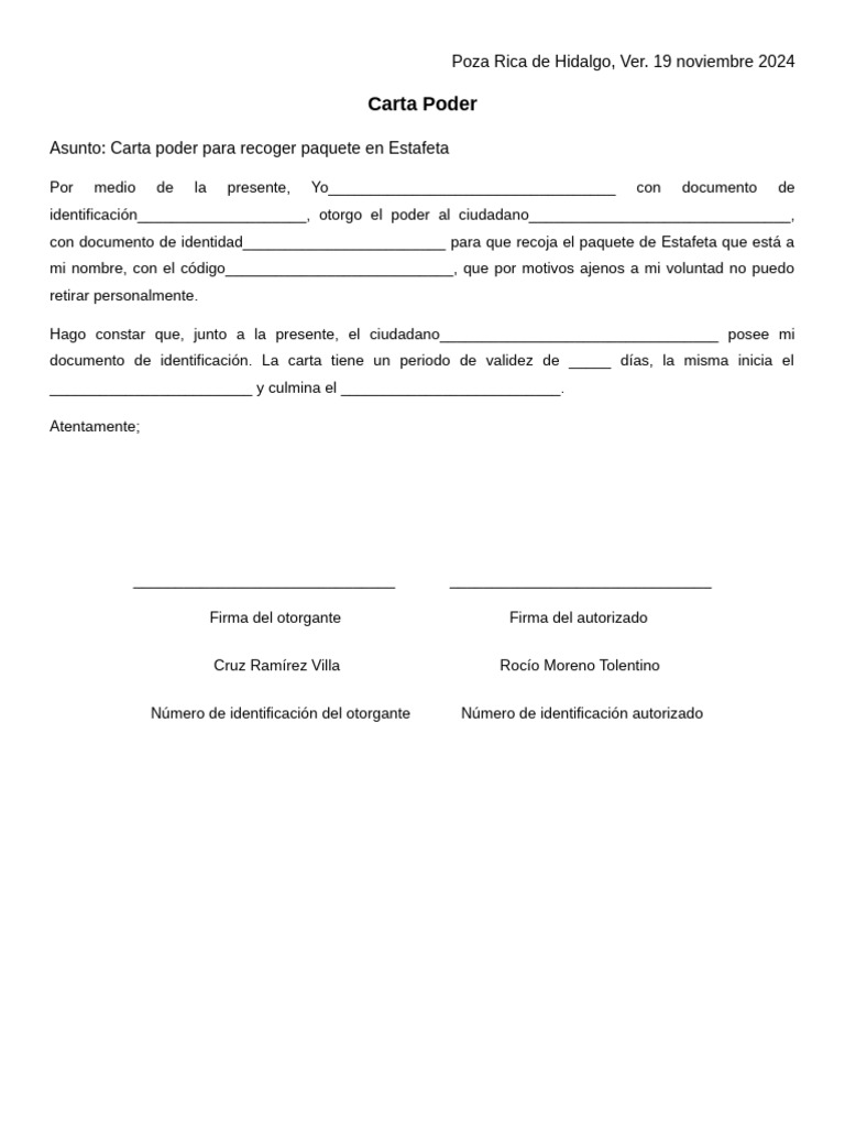 Carta Poder para Recoger Paquete Estafeta | PDF