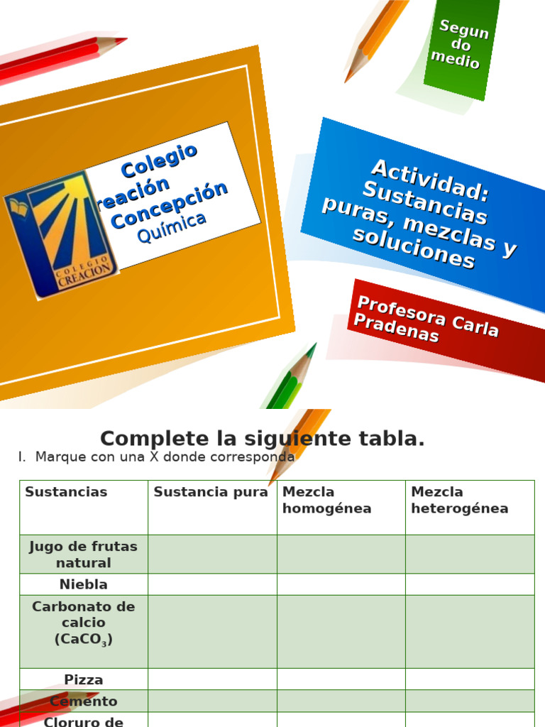 Actividad en Clases, Sustancias Puras, Mezclas y Soluciones | PDF ...