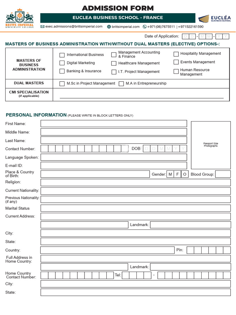 Euclea Masters of Business Administration Admission Form | PDF | Travel ...