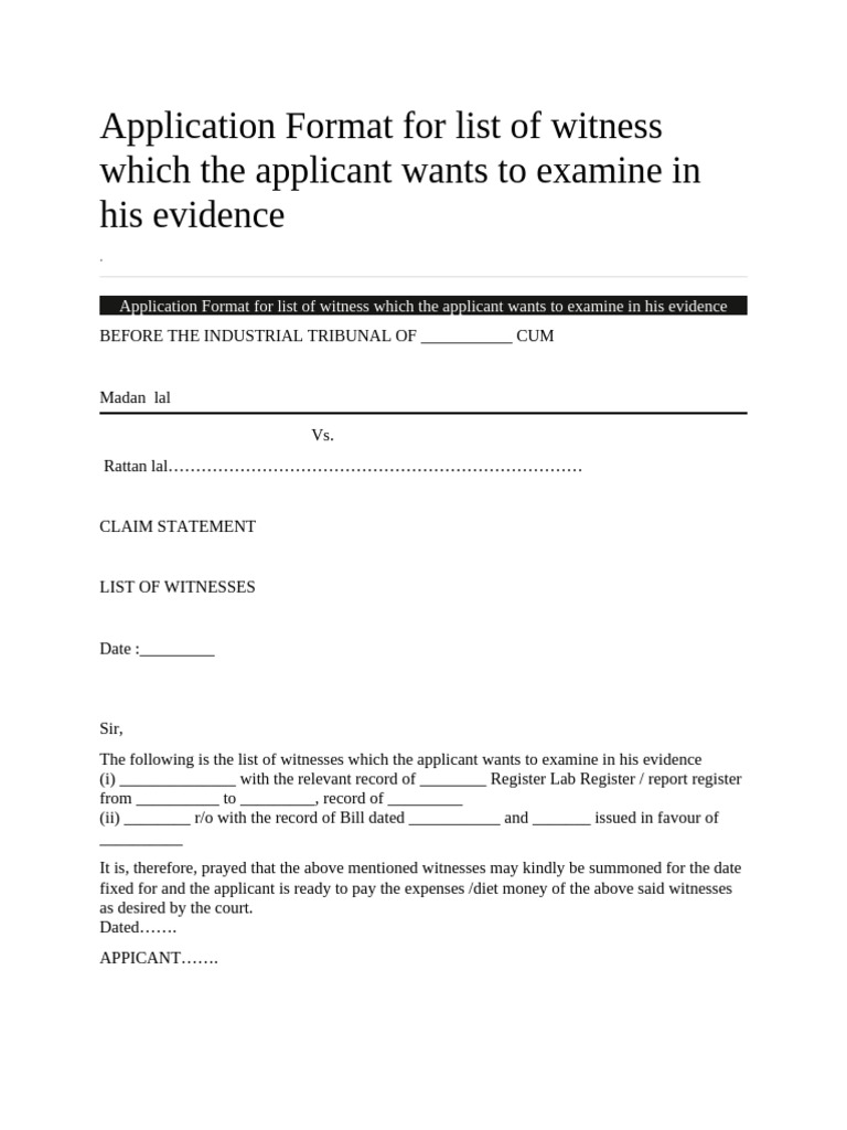 Witness List Application Format | PDF
