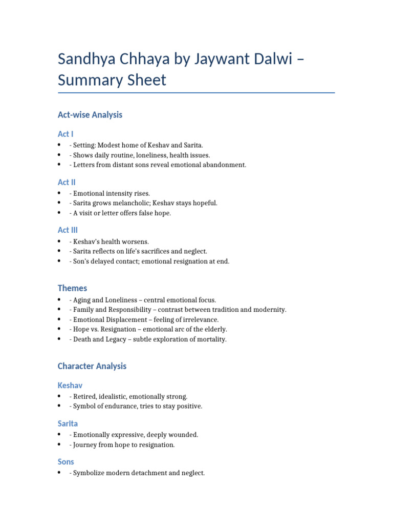 Sandhya_Chhaya_Summary_Sheet | PDF