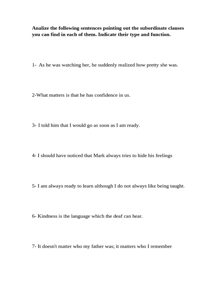 Exercise On Subordinate Clauses | PDF