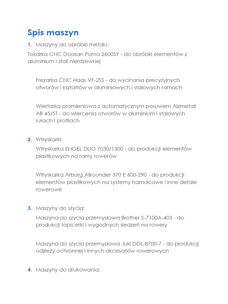 Spis Maszyn - Załącznik | PDF
