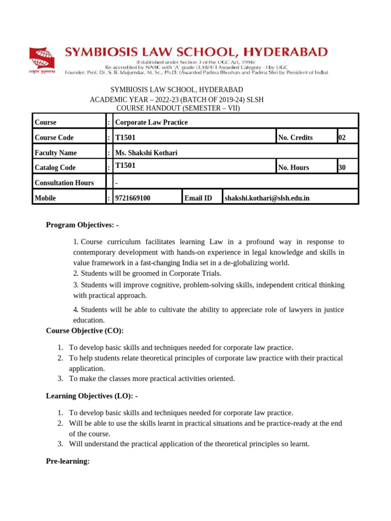 Corporate Law Practice Course Overview | PDF | Skill | Learning