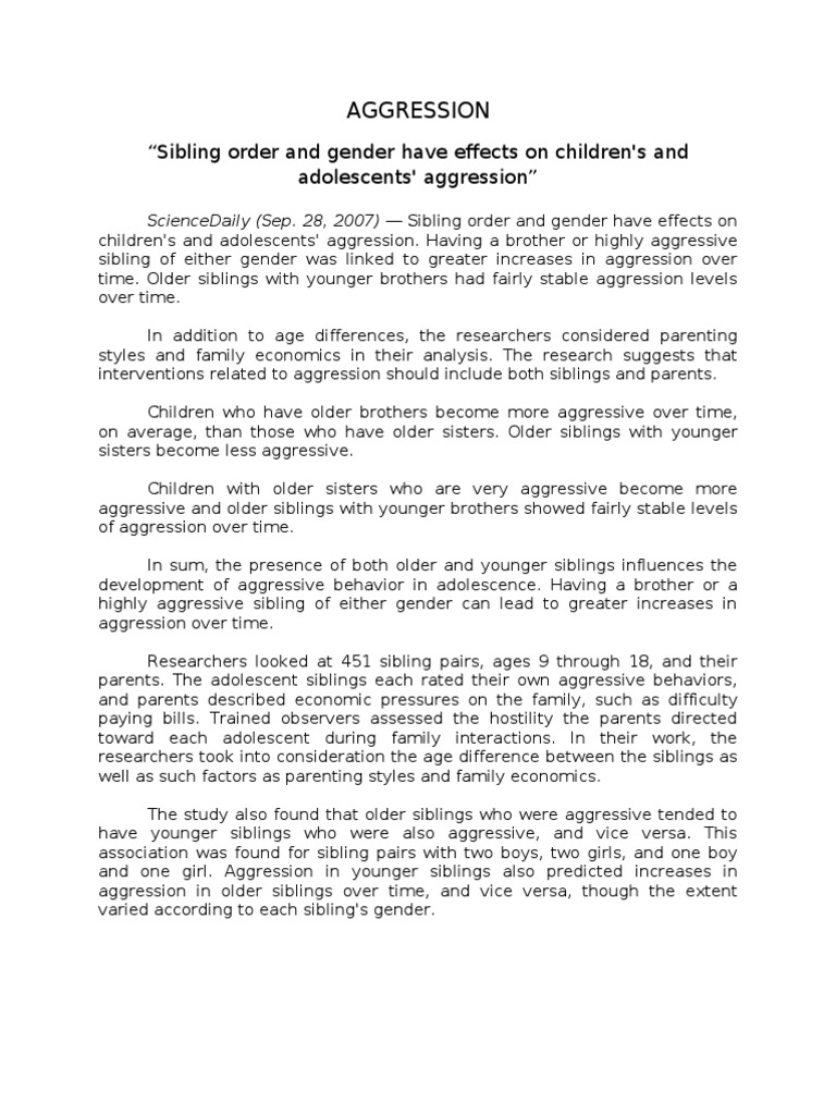 Aggression: "Sibling Order and Gender Have Effects On Children's and ...
