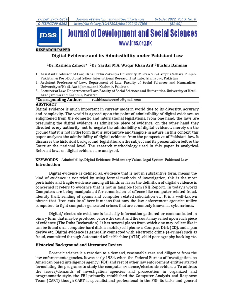 Digital Evidence and Its Admissibility Under Pakistani Law: Research ...