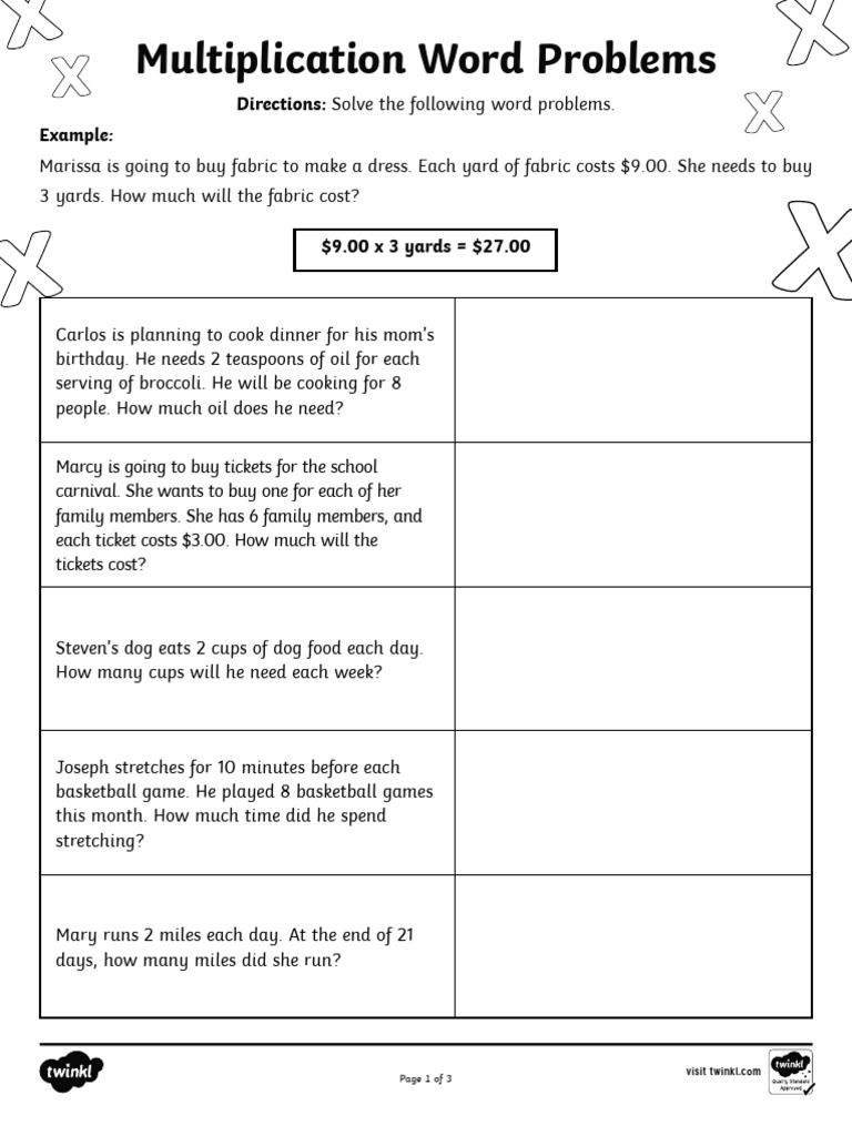 Third Grade BW One-Step Multiplication Word Problems | PDF | Foods