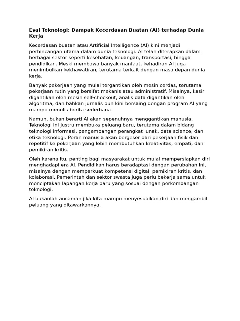 Esai Teknologi Dampak Kecerdasan Buatan (AI) Terhadap Dunia Kerja | PDF