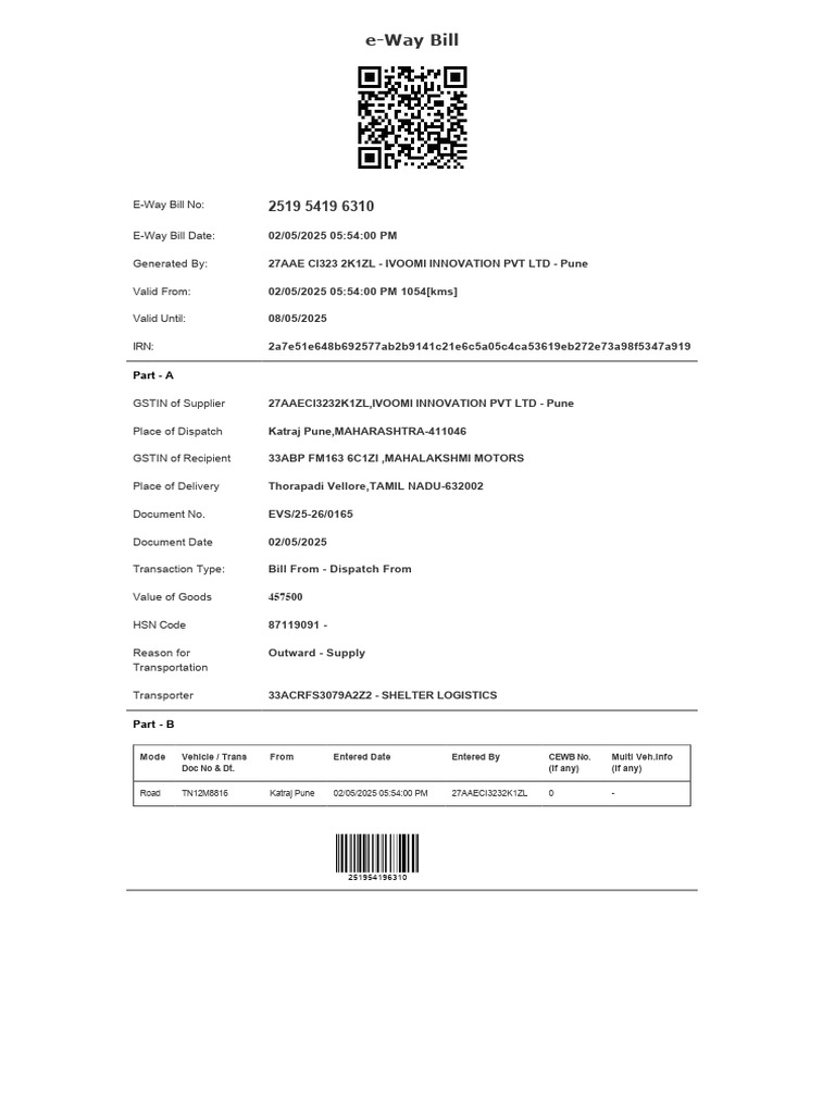 COMP0020_EWB_EV_EVS-25-26-0165 WAYBILL | PDF