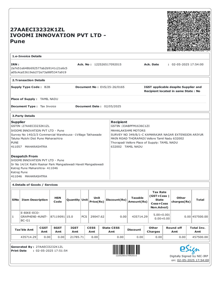Comp0020 - Einv - Ev - Evs-25-26-0165 Einvoice | PDF | Invoice | Taxes