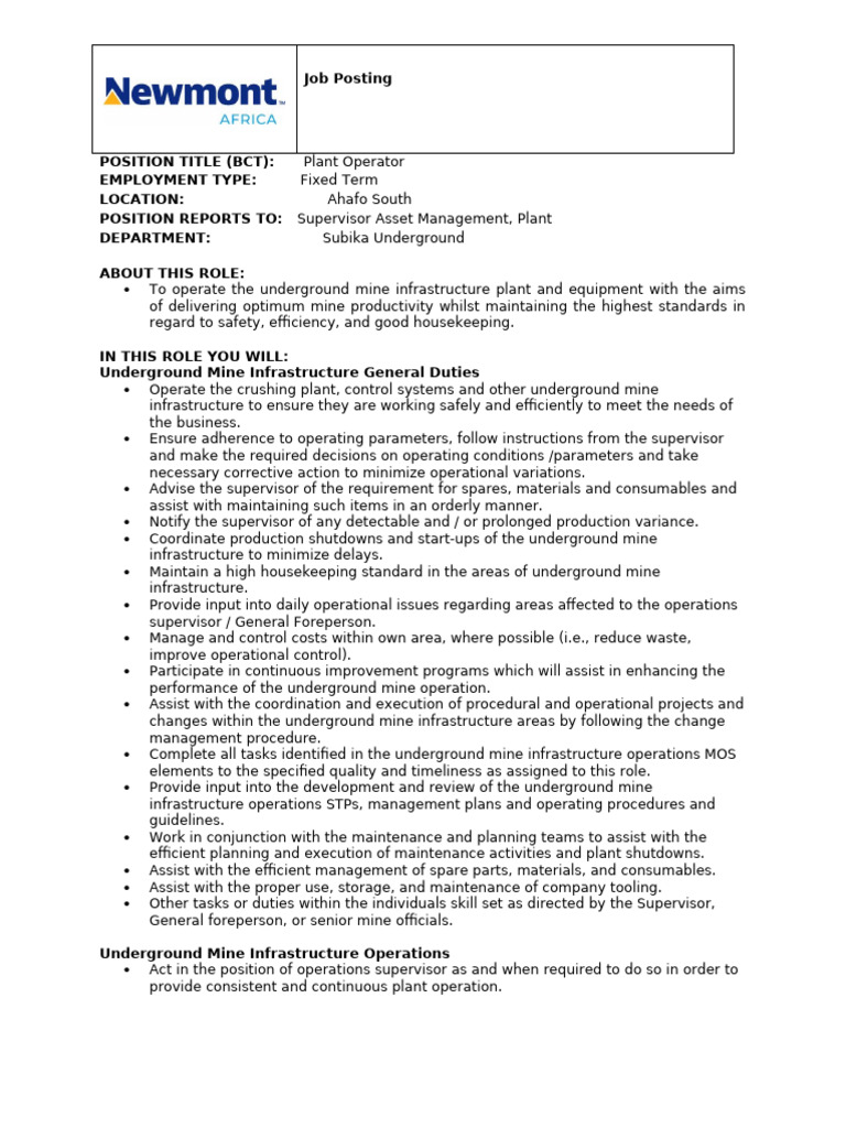 External Advert - Plant Operator | PDF | Occupational Safety And Health ...