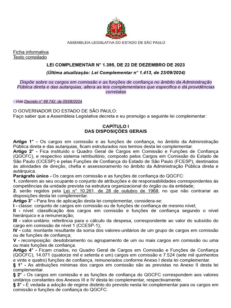 Lei Complementar 1.395/2023: Cargos Públicos SP | PDF | Administração ...