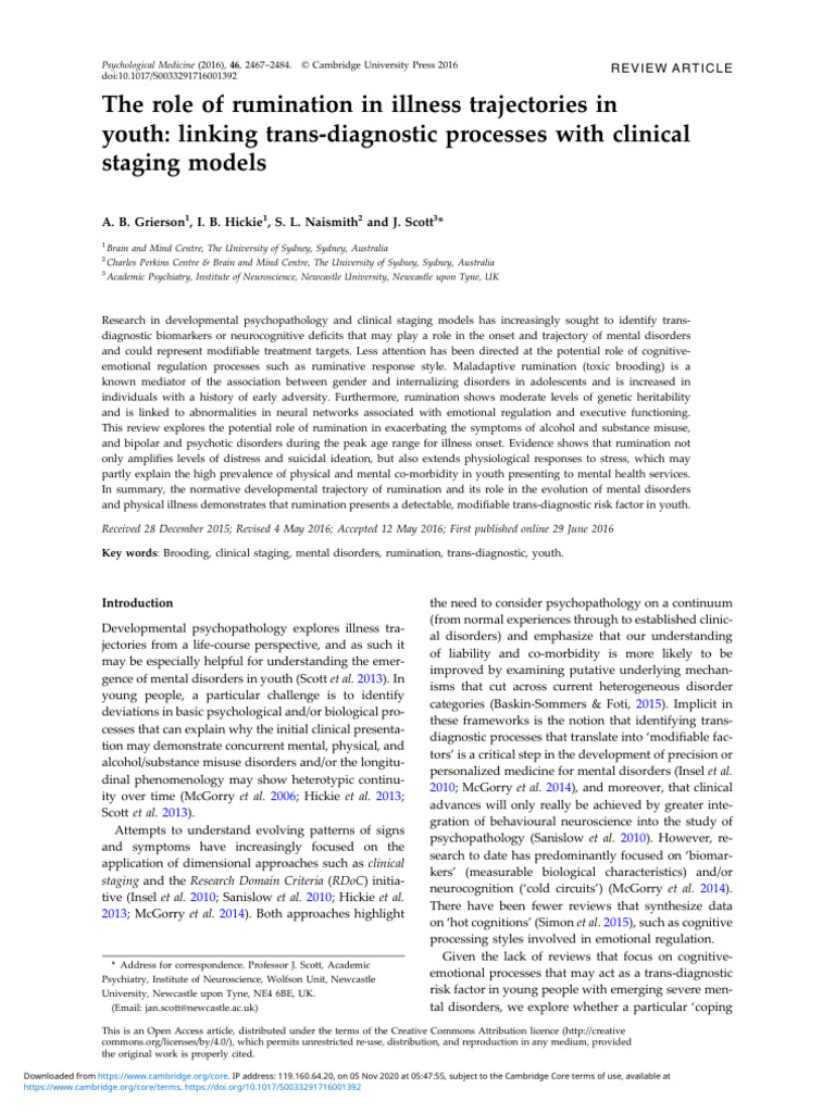 Role of Rumination in Illness Trajectories in Youth Linking ...