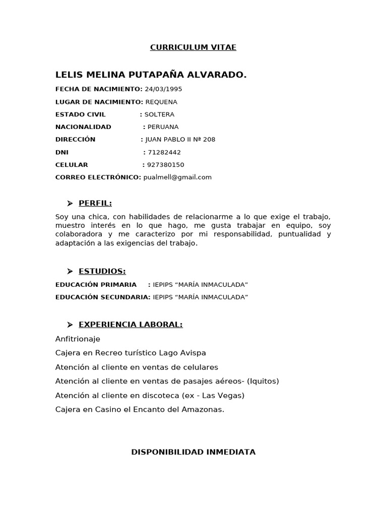 Currículum Vitae de Lelis Melina Putapaña | PDF