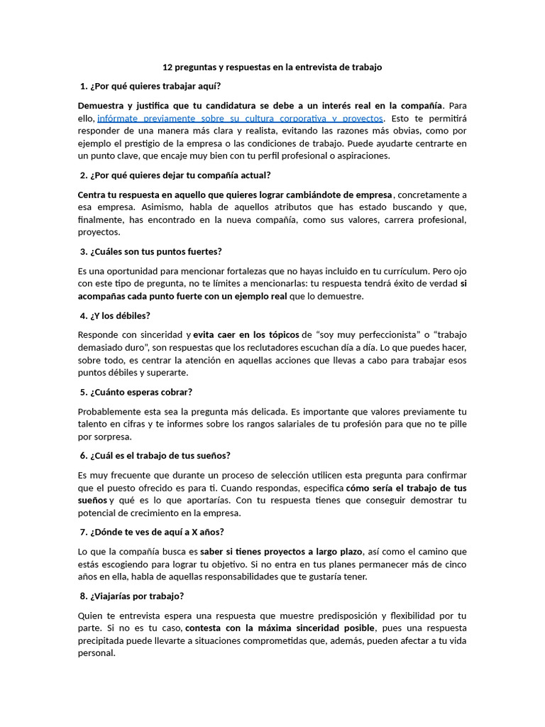 12 Preguntas y Respuestas en La Entrevista de Trabajo | PDF ...