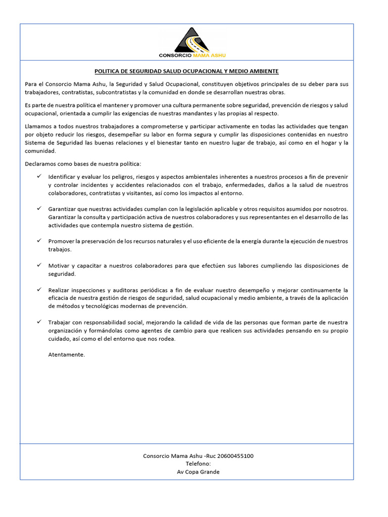 Politica Del Consorcio Mama Ashu | PDF | Seguridad y salud ocupacional | Valores