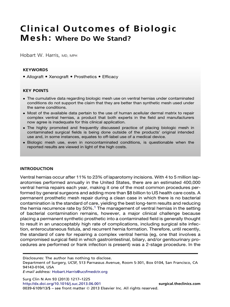 Clinical Outcomes of Biologic Mesh | PDF | Cross Link | Biopharmaceutical