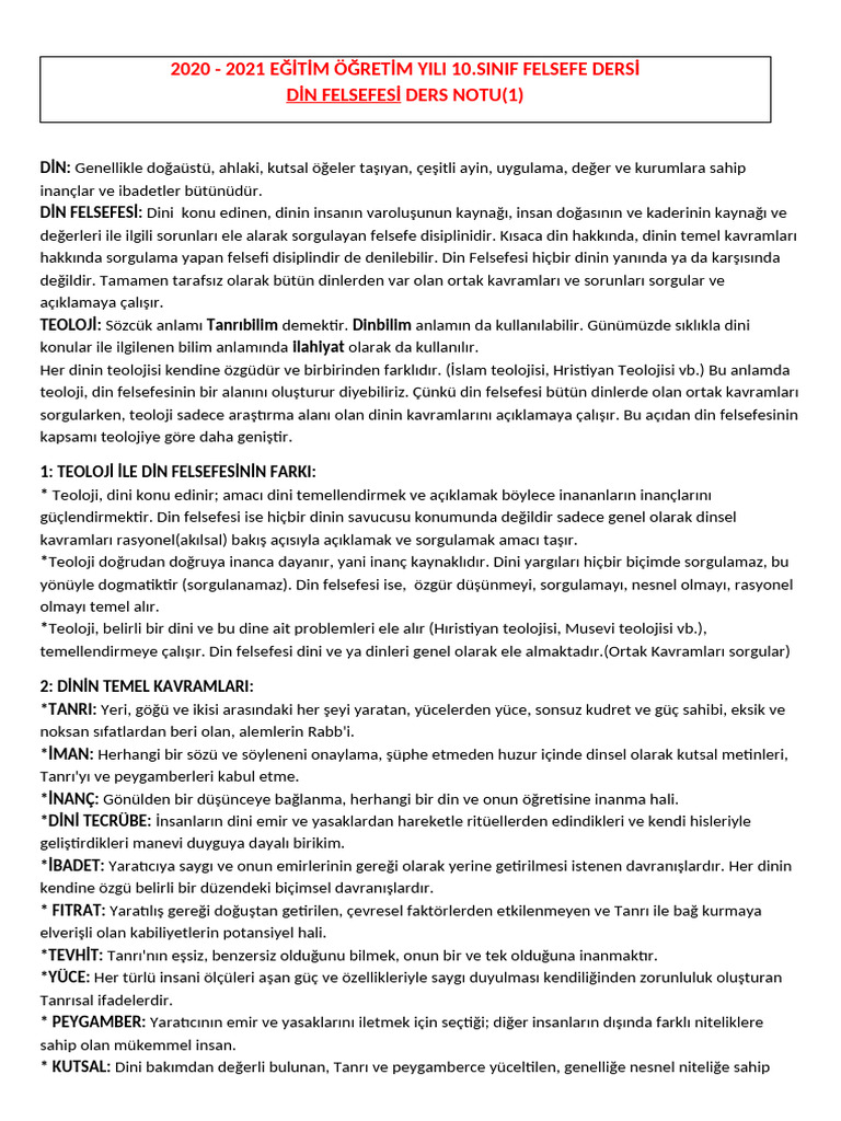 10.sinif Felsefe Din Felsefesi Ders Notlari | PDF