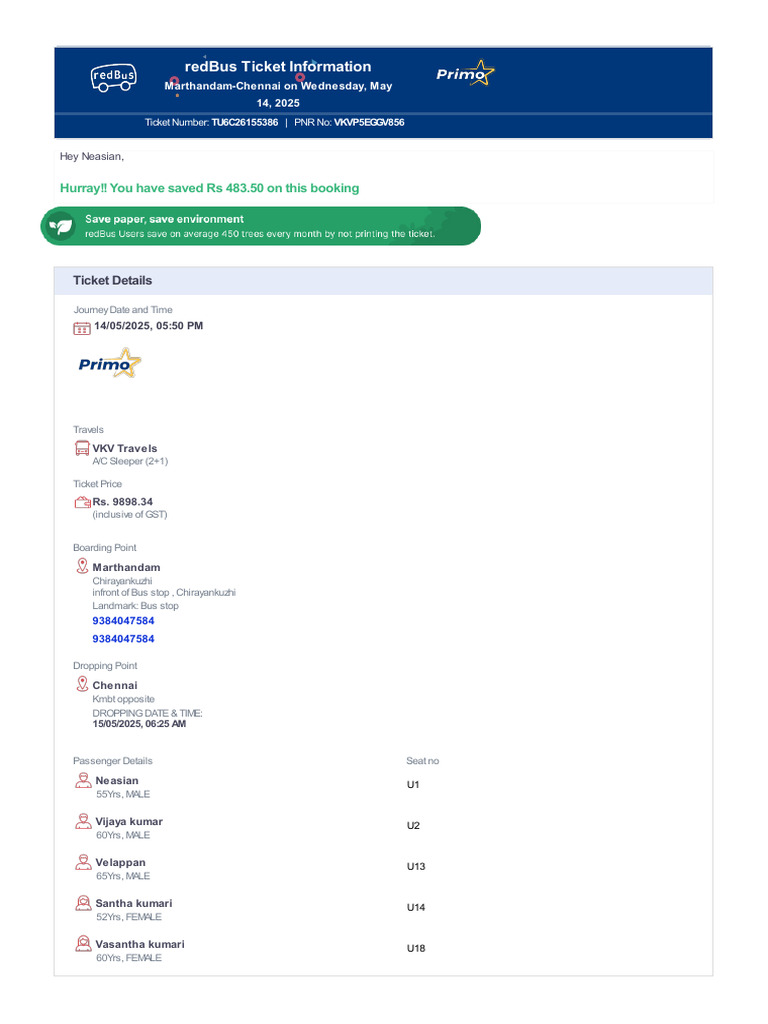 Redbus Ticket Information: Hurray!! You Have Saved Rs 483.50 On This Booking | PDF | Transport