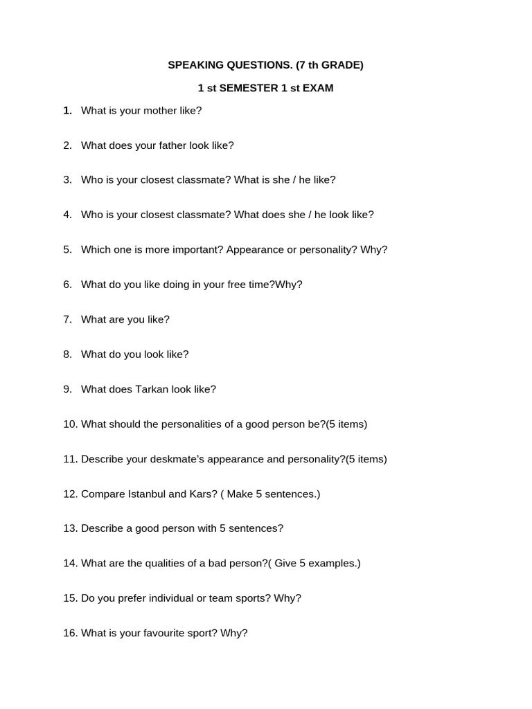 7th Grade Speaking Exam Questions | PDF