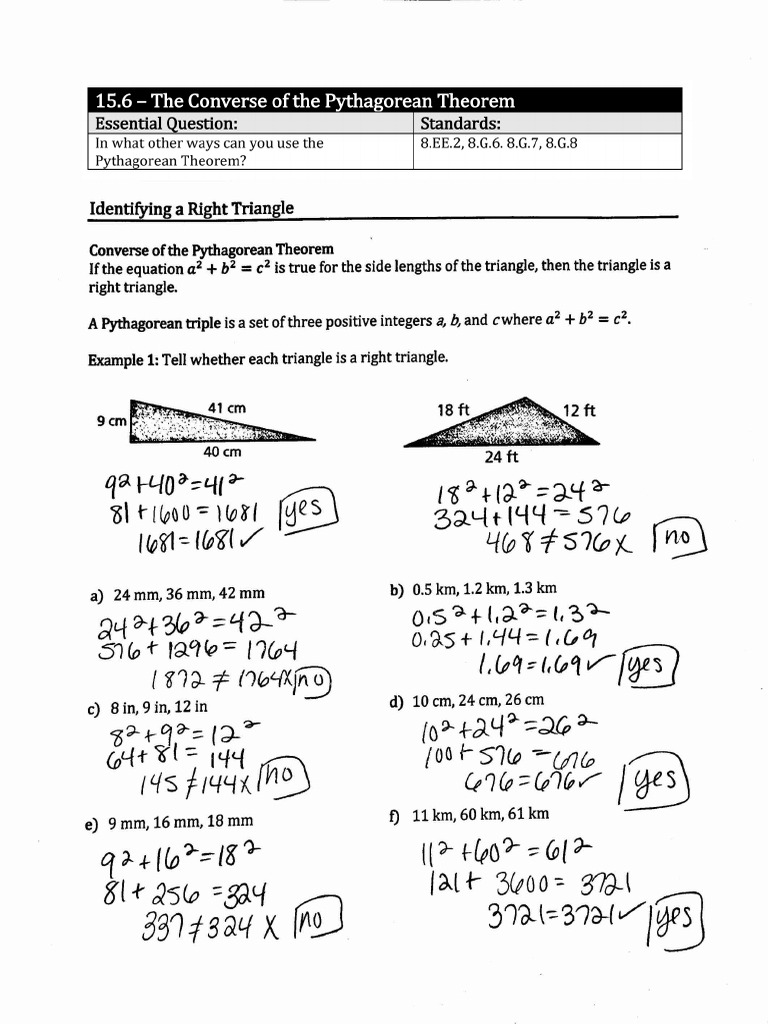 Lesson 15.6 Notes Key - The Converse of the Pythagorean Theorem | PDF