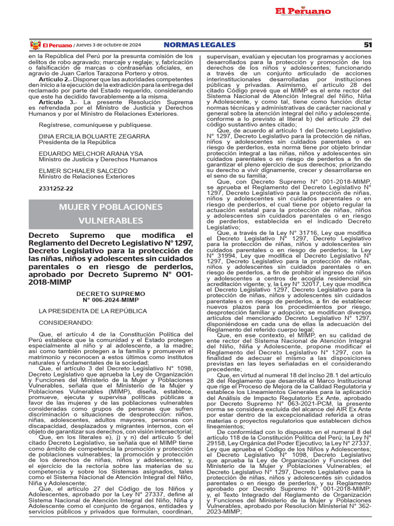 Modificación del Reglamento 1297 MIMP 2024 | PDF | Regulación | Perú