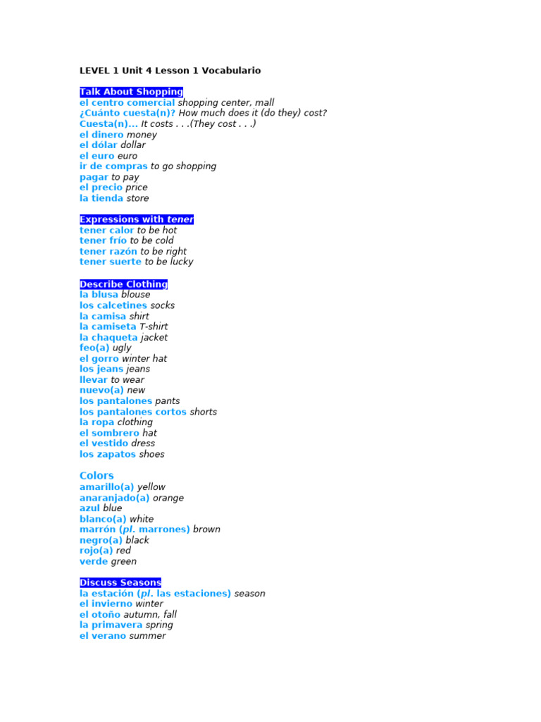 Avancemos Unit 4 Vocabulary | PDF