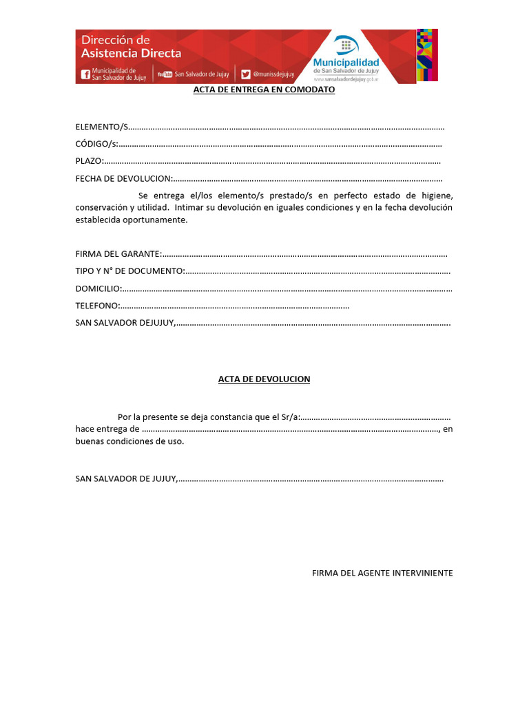 Acta de Entrega en Comodato | PDF