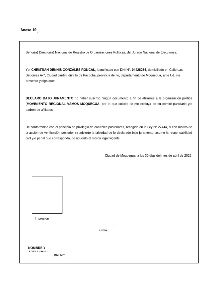 Anexo de Declaracion Jurada | PDF