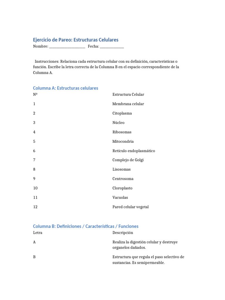 Ejercicio Pareo Estructuras Celulares | PDF