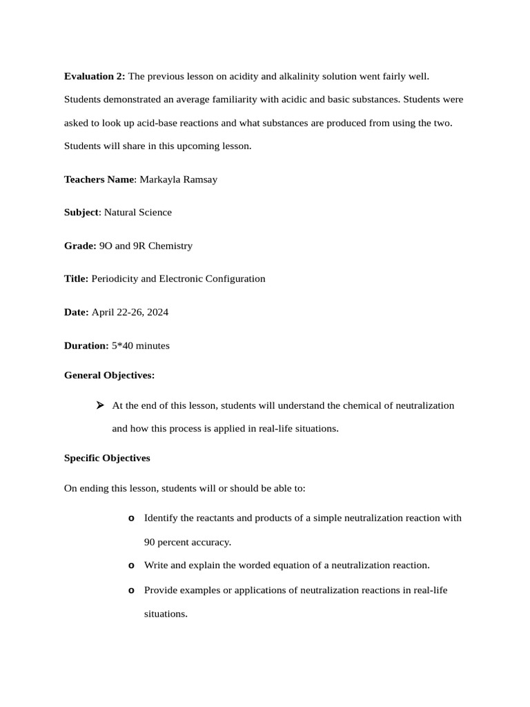Grade 9 Integrated Science Lesson Plan - Neutralization Reaction | PDF ...