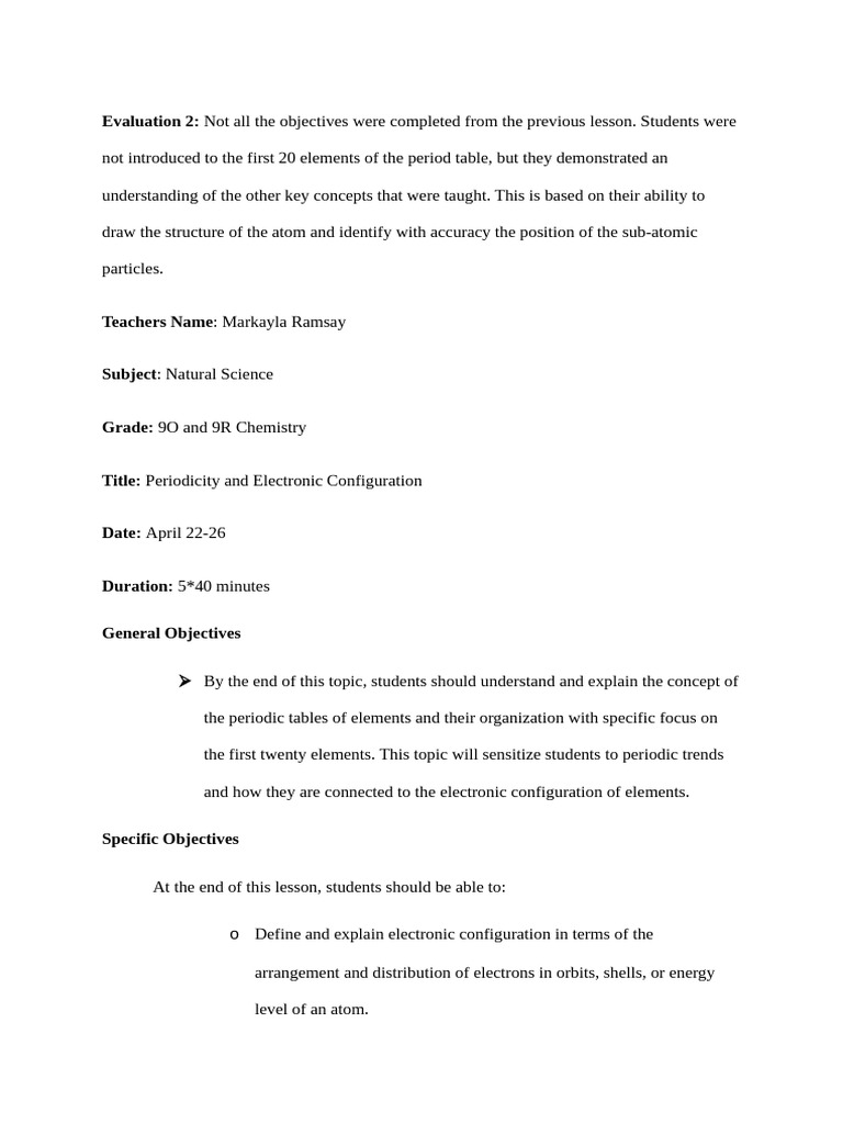 Grade 9 Chemistry Lesson Plan - Periodicity and Electronic ...