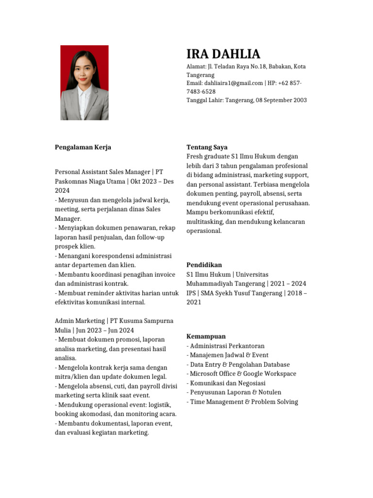 CV Ira Dahlia 2kolom Clean | PDF